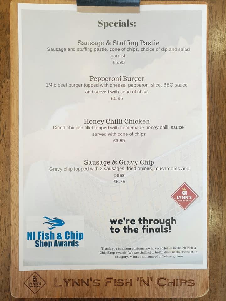 Menu at Lynn's fast food, Newtownards