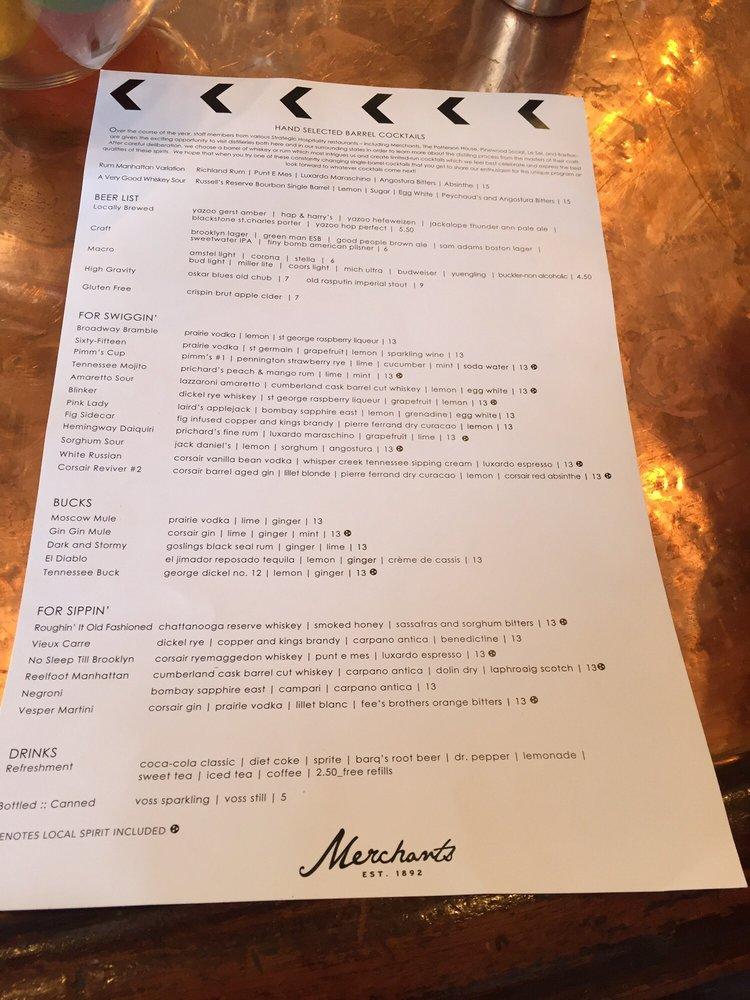 Menu at Merchants steakhouse, Nashville