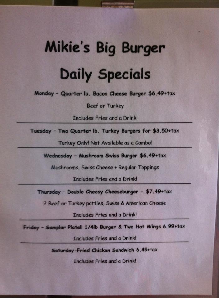 Menu at Mikie's Big Burger restaurant, McDonough