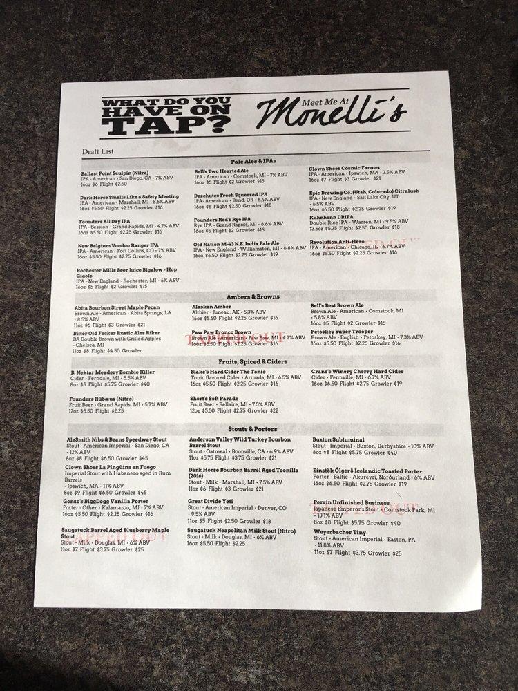 Menu at Monelli's Italian Grill & Sports Bar, Portage