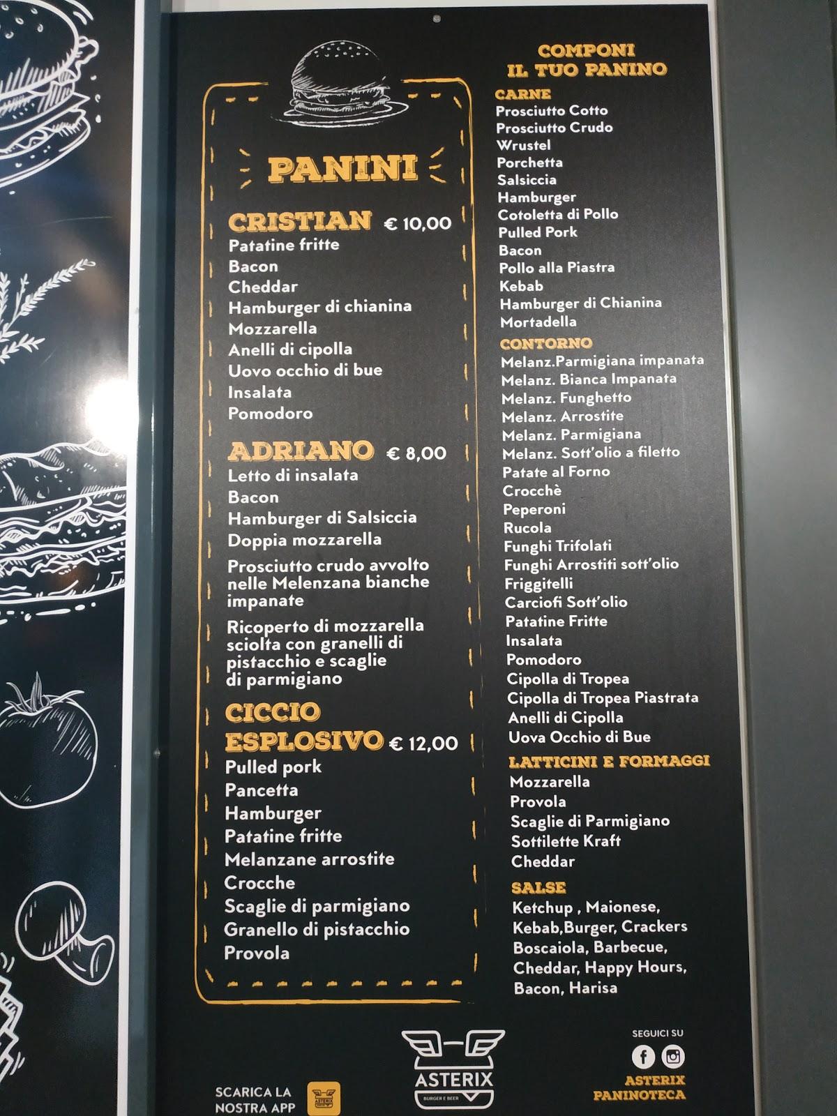 Menu au Paninoteca Asterix Nola fast food, Nola