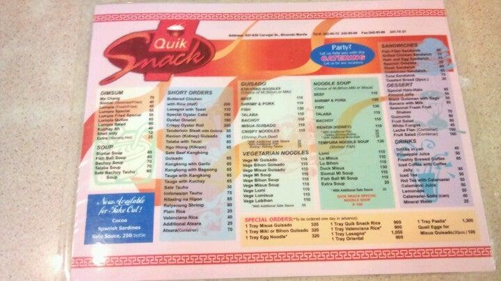Menu at Quik Snack fast food, Manila