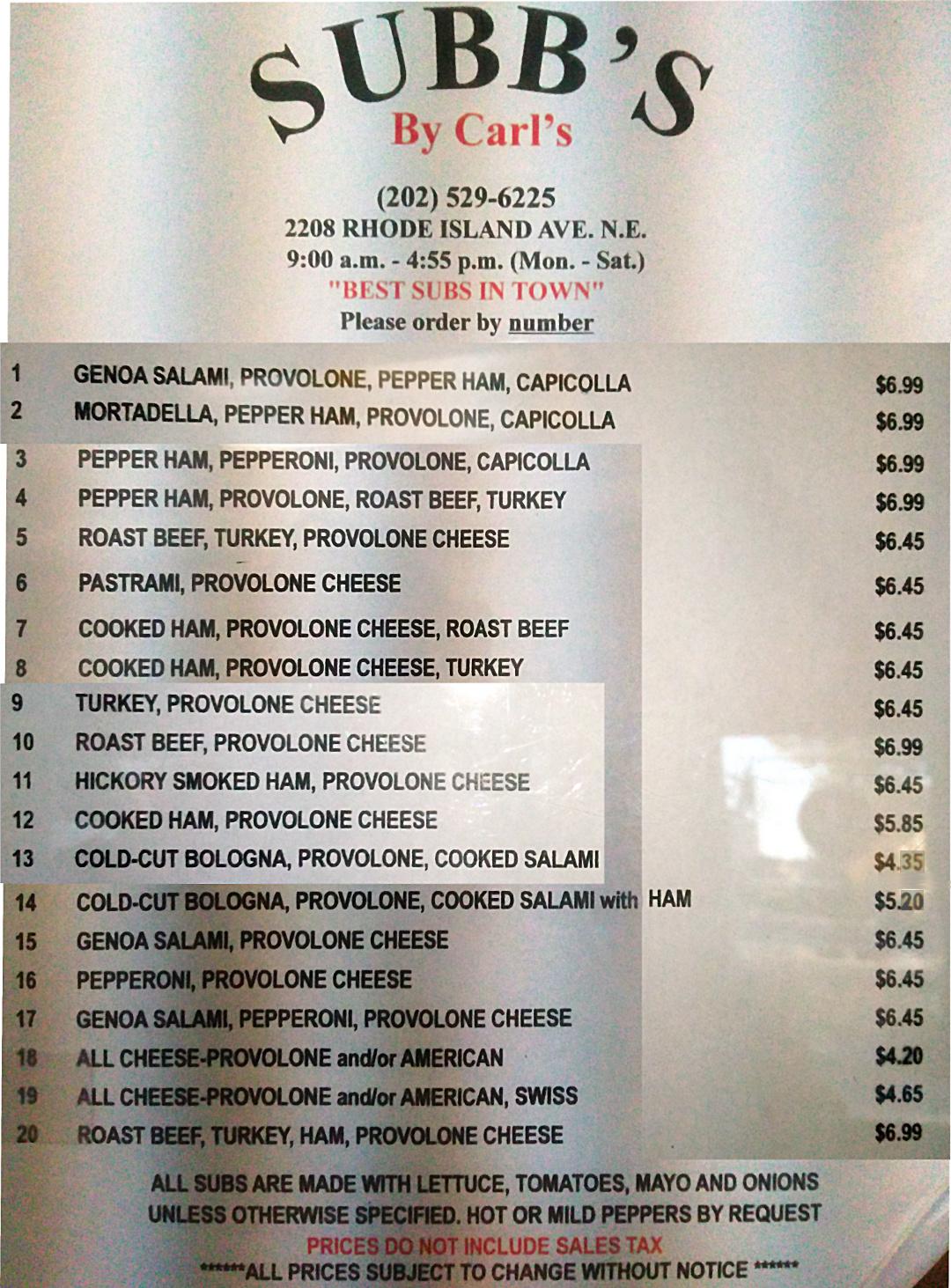 Menu at Subbs by Carl restaurant, Washington