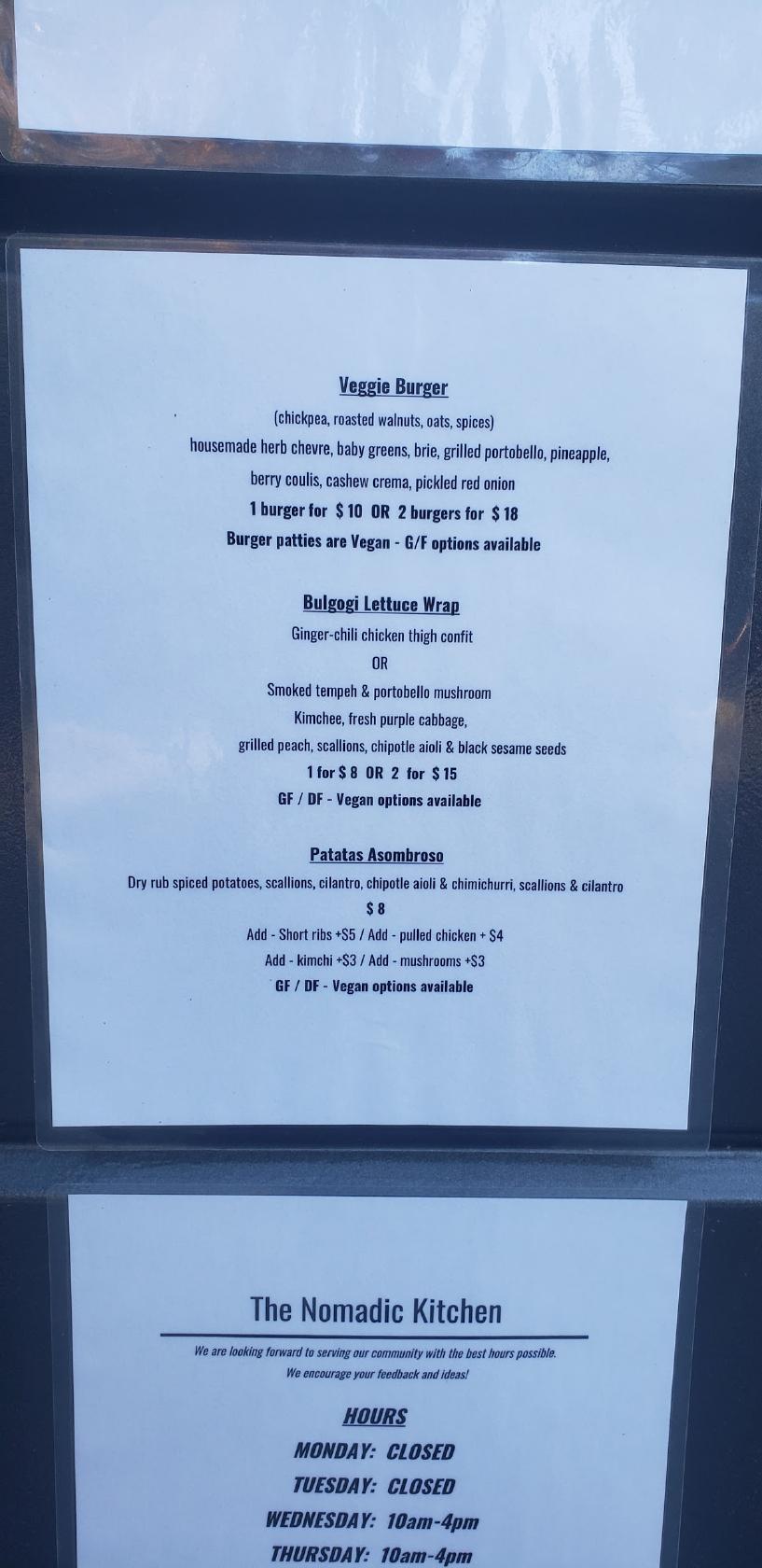 Menu at The Nomadic Kitchen restaurant, Roberts Creek