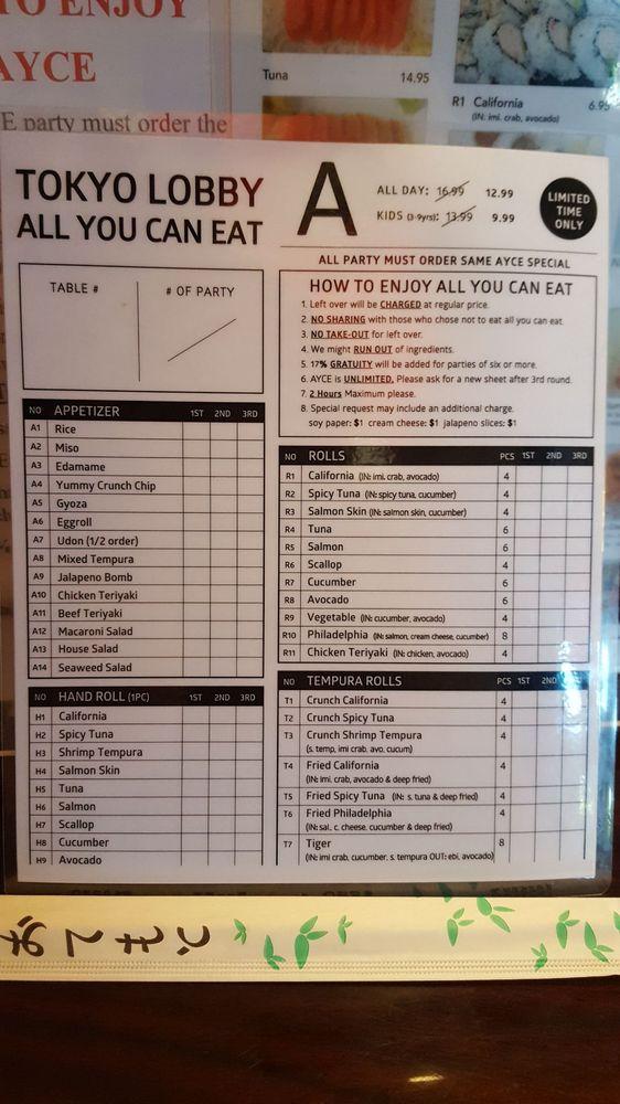 Menu at Tokyo Lobby Restaurant, Hacienda Heights