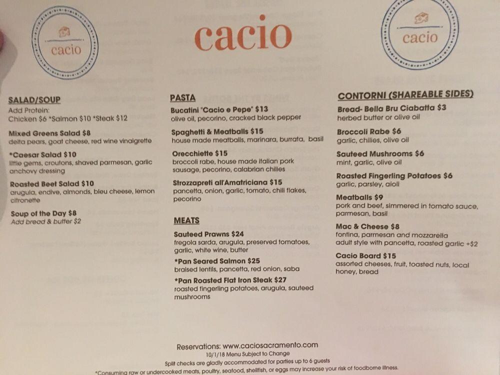 Menu at Cacio restaurant, Sacramento