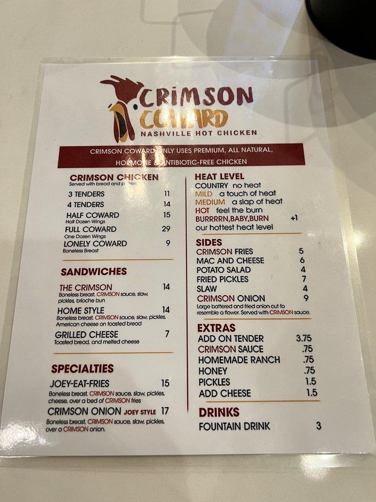 Carta del restaurante Crimson Coward, Lake Forest