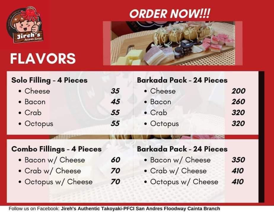 Menu at Jireh's Authentic takoyaki-PFCI FLOODWAY Cainta branch, Cainta