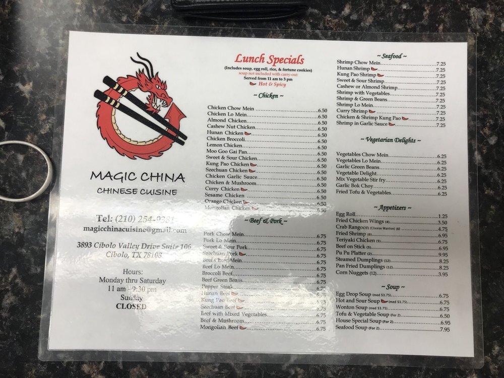 Menu at Magic China restaurant, Cibolo