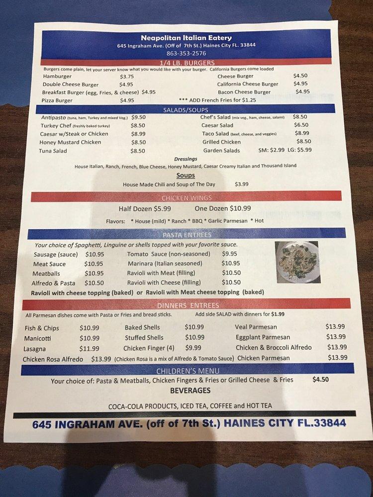 Menu at Neapolitan Italian Eatery pizzeria, Haines City