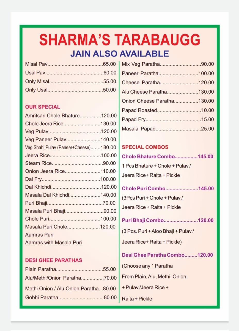 Menu at Sharma's Tarabaugg, Mumbai