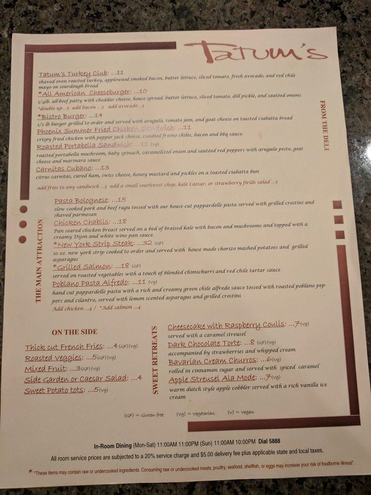Menu at Tatum's restaurant, Phoenix