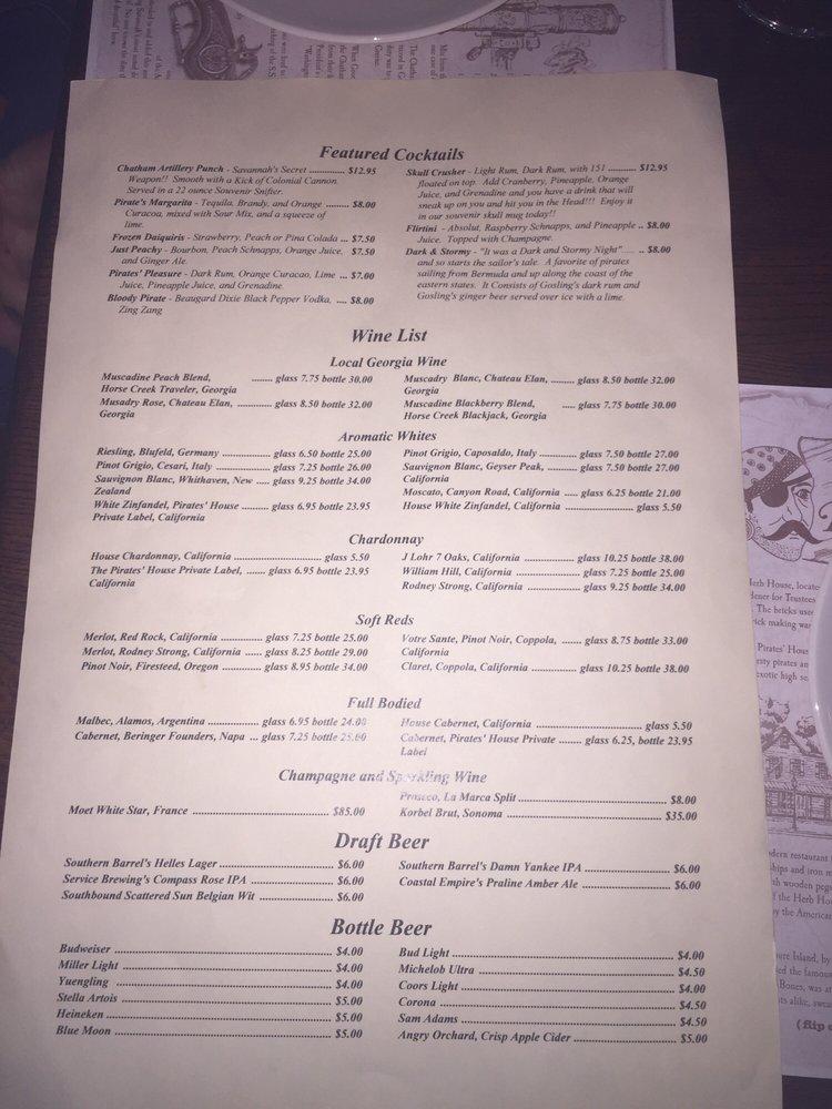 Menu at The Pirates' House restaurant, Savannah