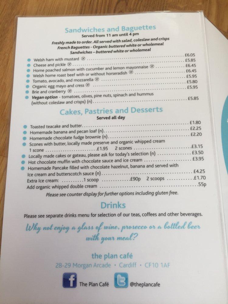 Menu at The Plan cafe, Cardiff, 28-29 Morgan Arcade