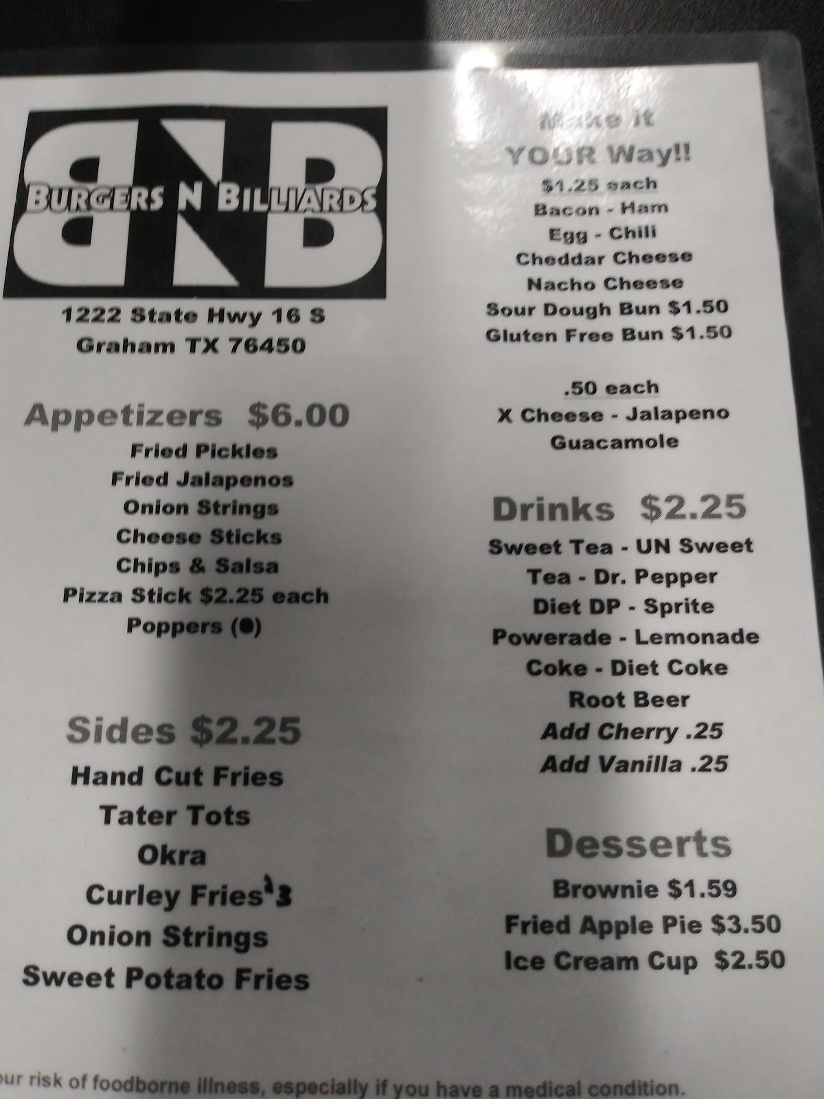 Menu at Burgers & Billiards restaurant, Graham