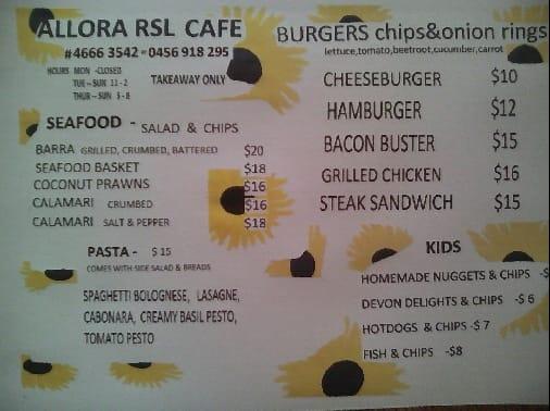 Menu at Cafe At Allora RSL, Allora
