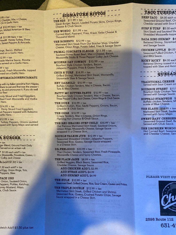 Menu at Chubs Burgers Burritos and Heroes restaurant, Farmingville
