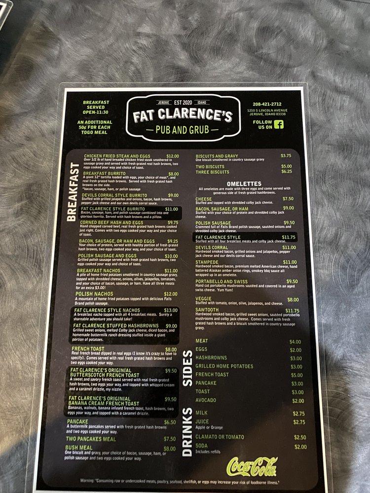 Menu at Fat Clarence's Pub and Grub, Jerome