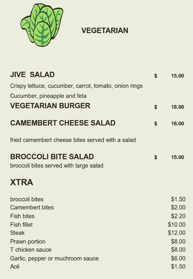 Menu at Jive Cafe, Kawerau