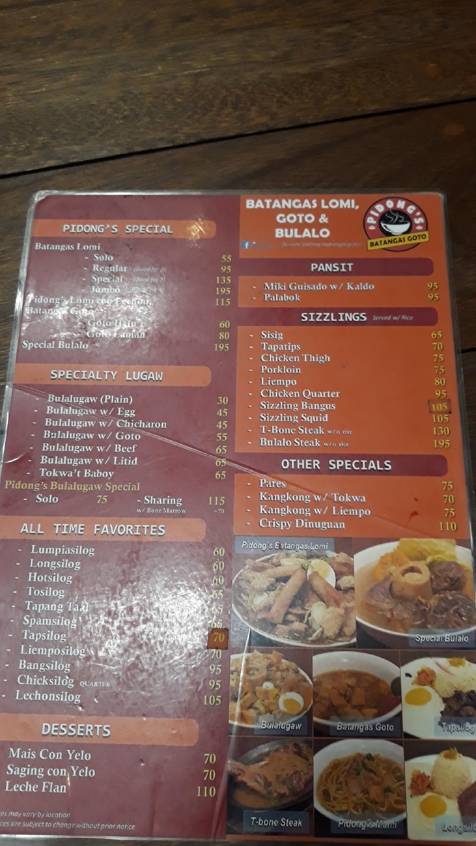 Menu at Pidong's Batangas Lomi, Goto & Bulalo restaurant, Marikina