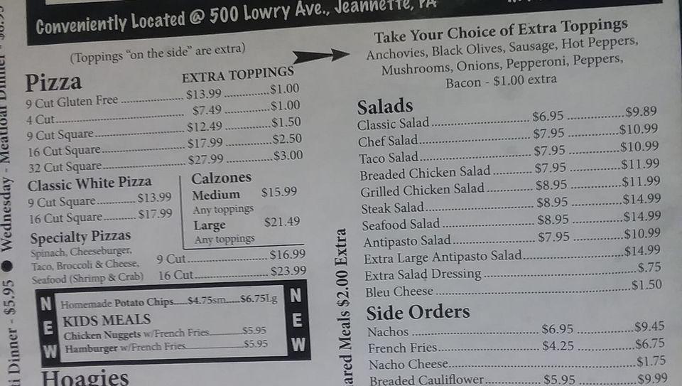 Menu at Ricky's Classic Pizza pizzeria, Jeannette