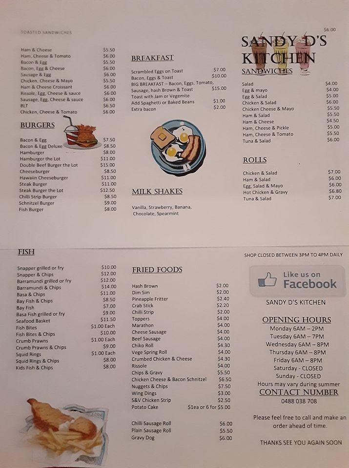 Menu at Sandy D's Kitchen restaurant, Northam