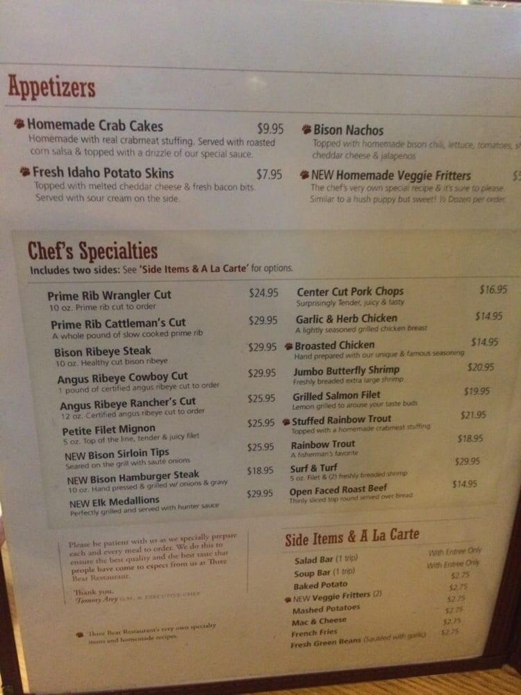 Menu at Three Bear Restaurant, West Yellowstone