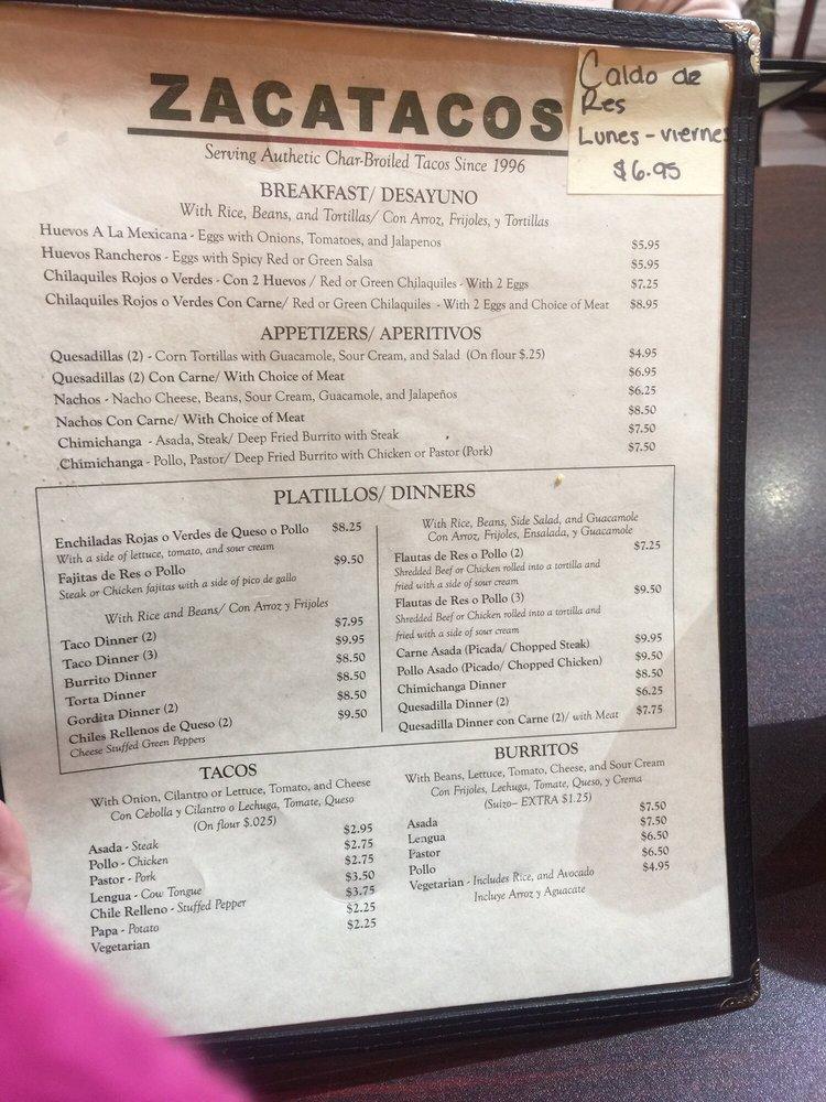 Menu at Zacatacos restaurant, Berwyn, Cermak Rd