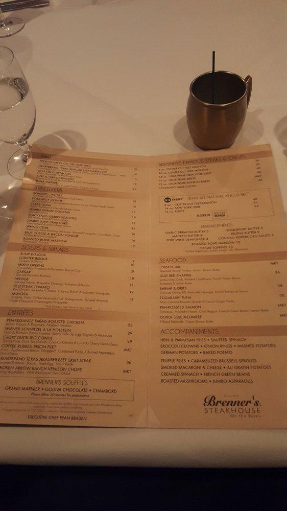 Menu at Brenner's on the Bayou steakhouse, Houston, 1 Birdsall St