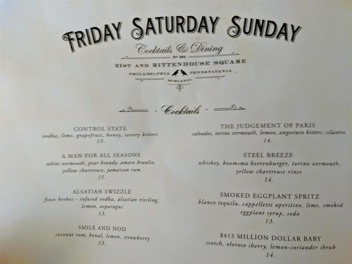 Menu at Friday Saturday Sunday restaurant, Philadelphia, 261 S 21st St
