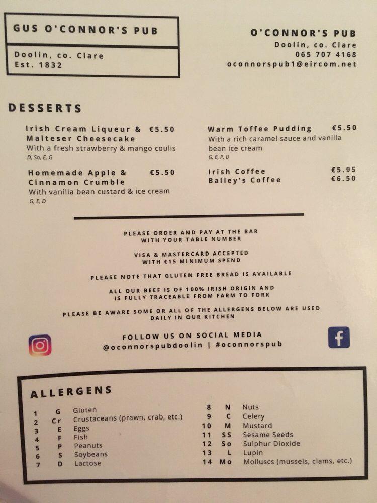 Menu at Gus O'Connor's Pub, Doolin
