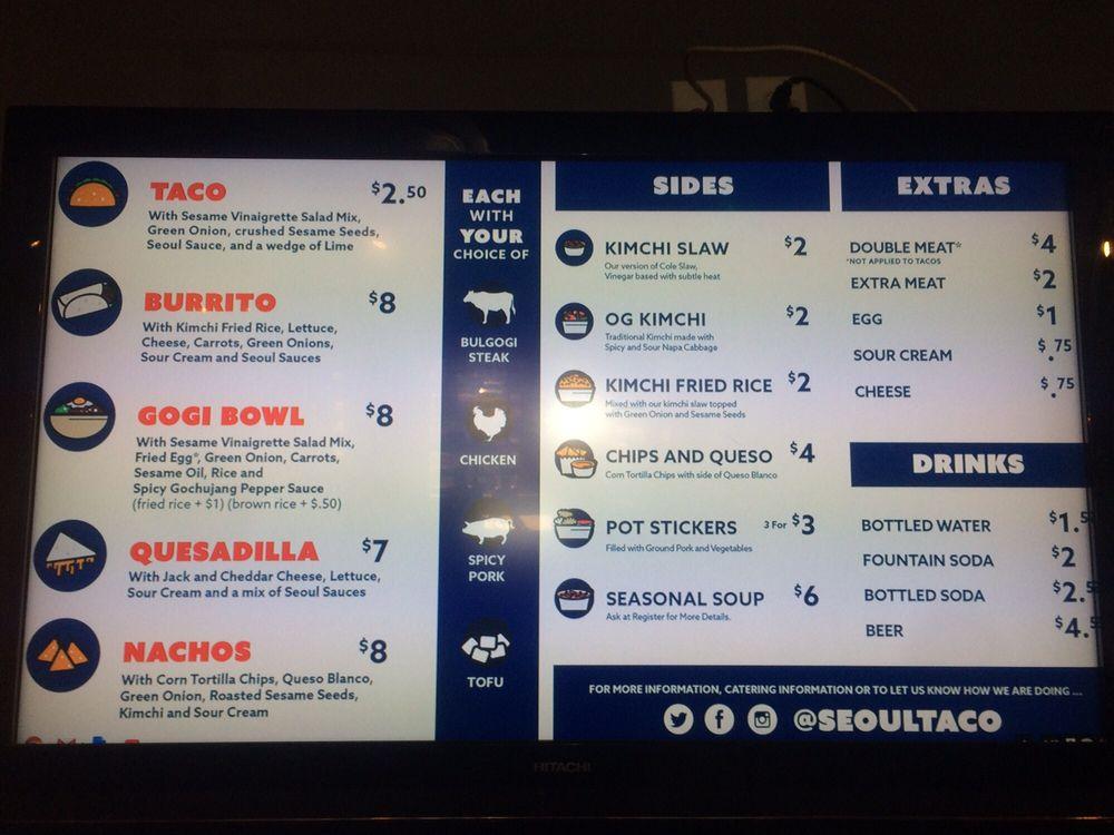 Menu at Seoul Taco restaurant, University City, Delmar Blvd