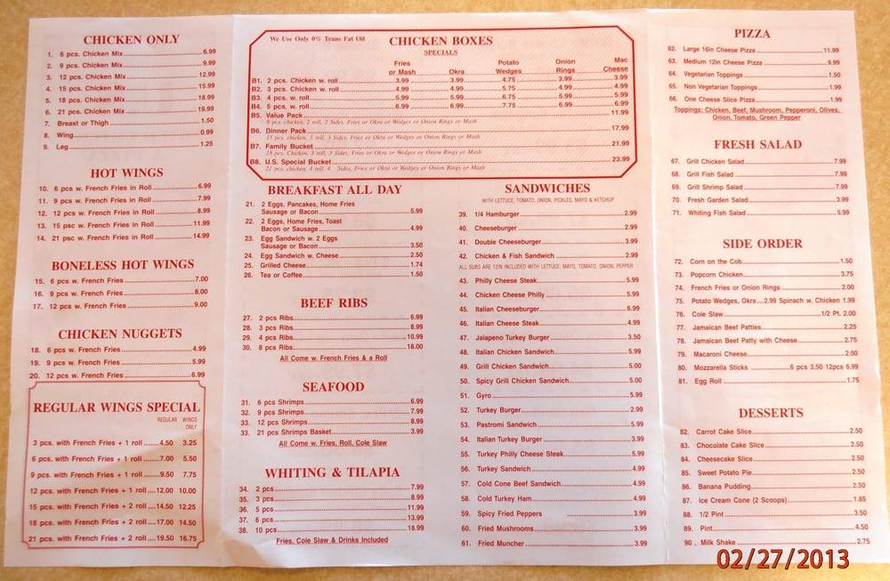 Menu at US Fried Chicken restaurant, Charlotte, Tuckaseegee Rd
