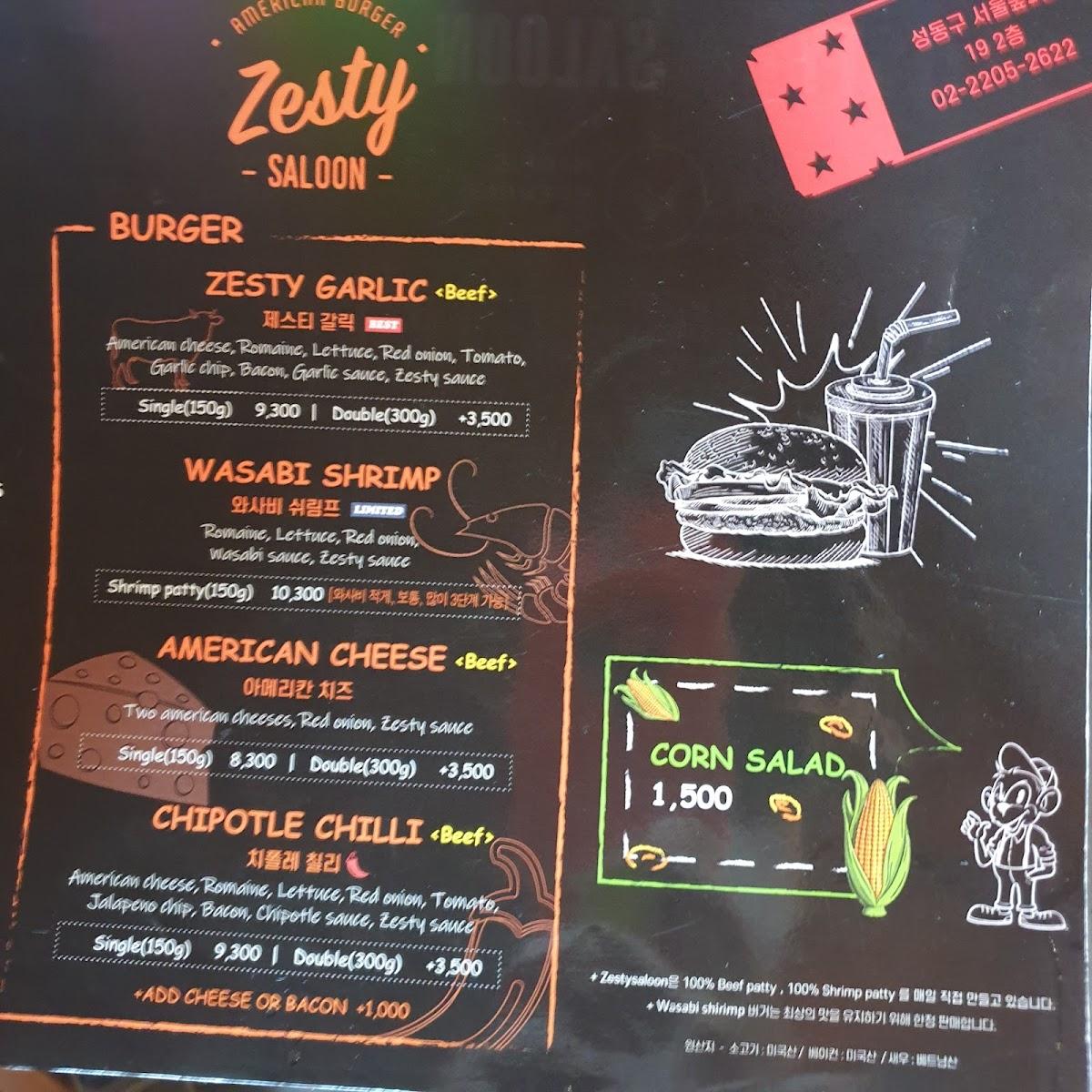 Carta del restaurante ZESTY SALOON Seongsu, Seul, 13 Seoulsup 4-gil