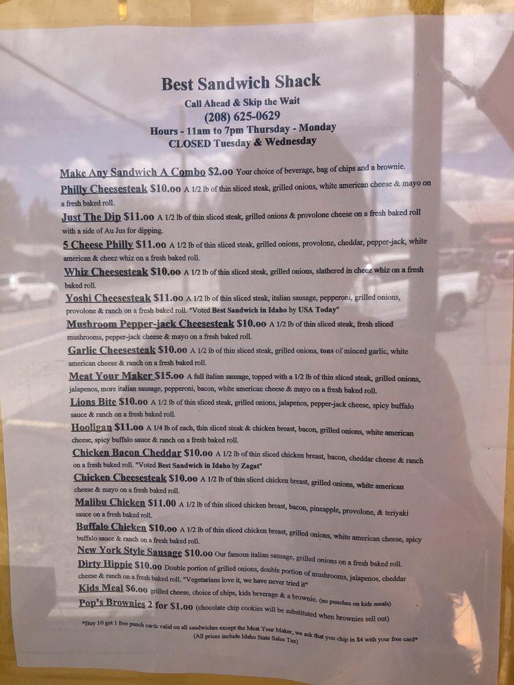 Menu at Best Sandwich Shack restaurant, Coeur d'Alene, 518 E Best Ave