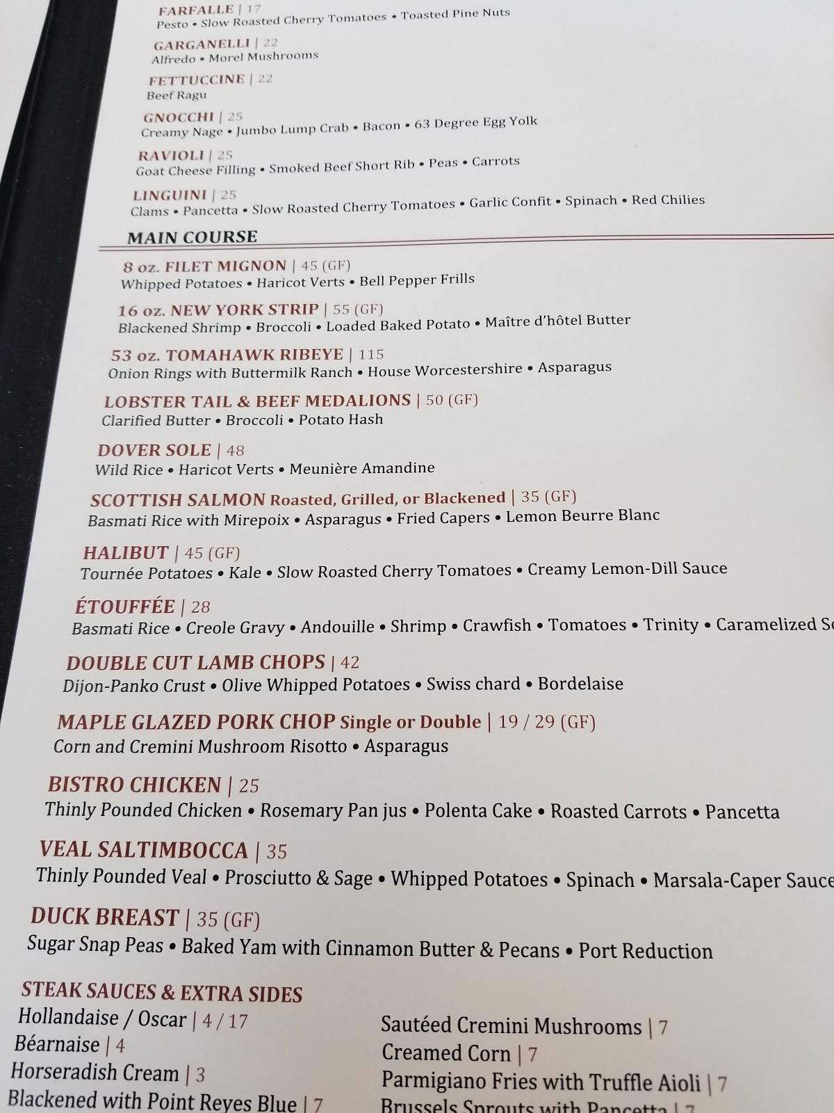 Menu at Cache Restaurant, Little Rock