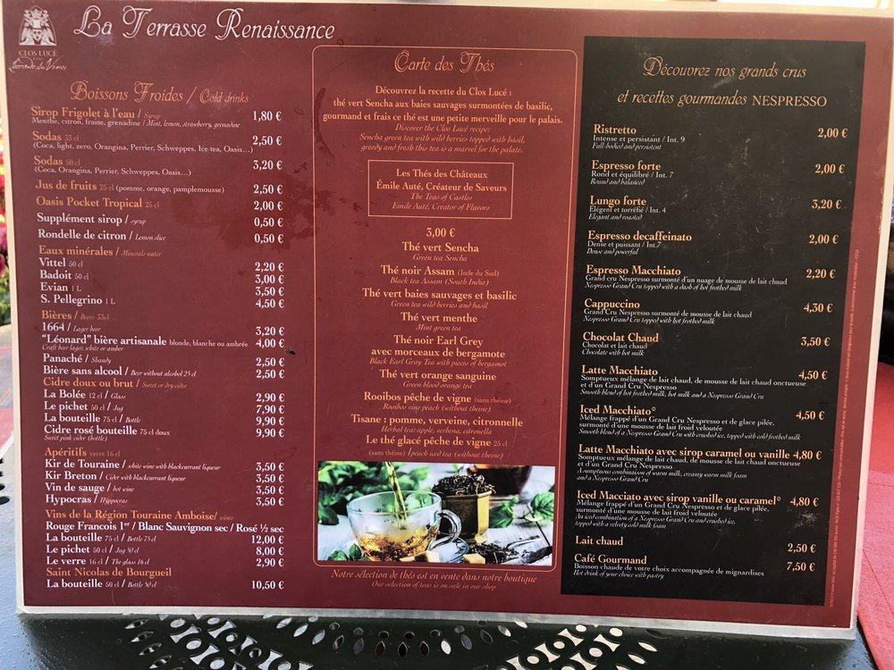 Menu au Café du Château du Clos Lucé, Amboise