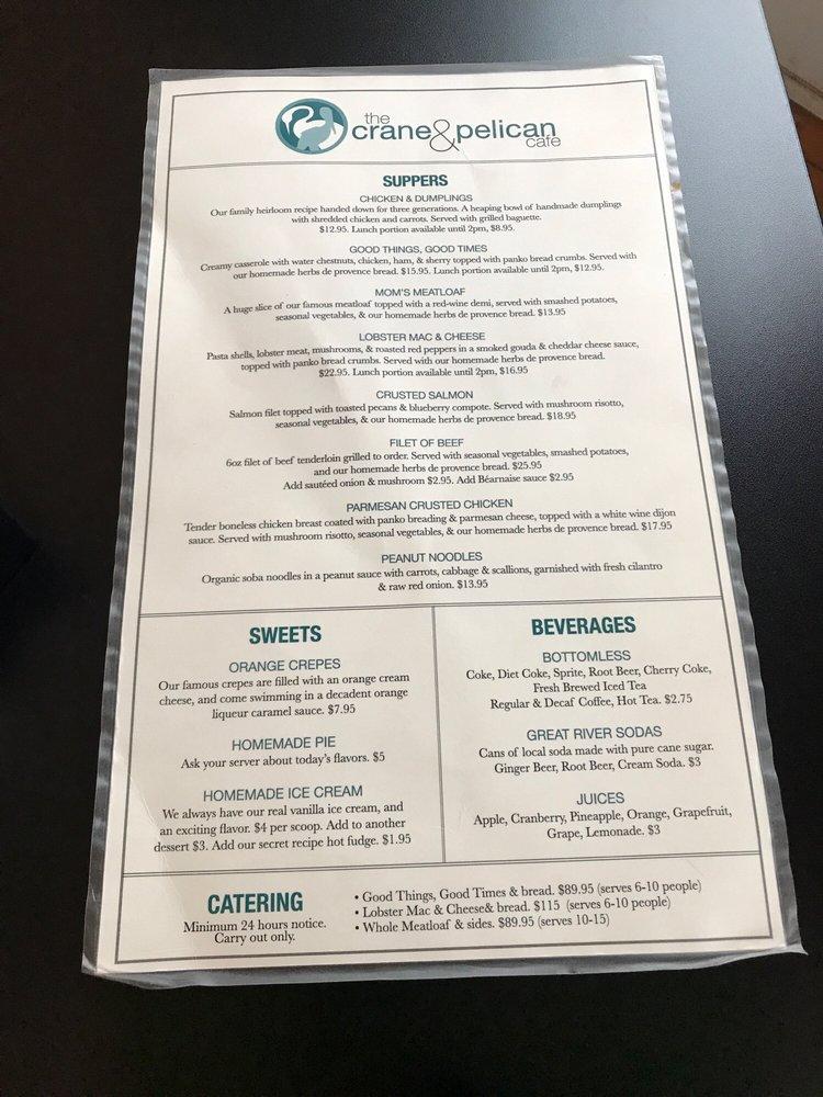 Menu at Crane & Pelican Cafe, Le Claire