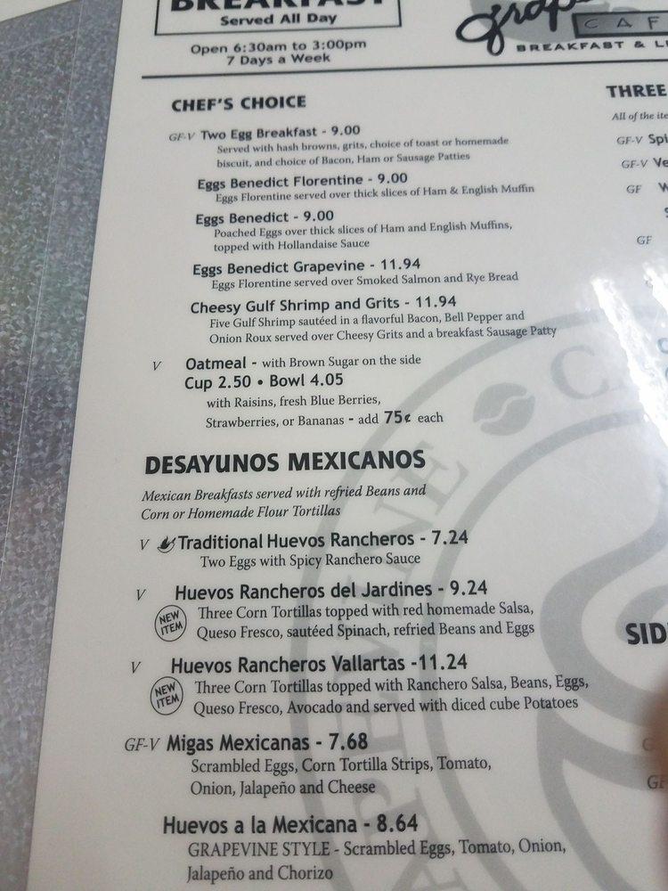 Menu at Grapevine Cafe, South Padre Island