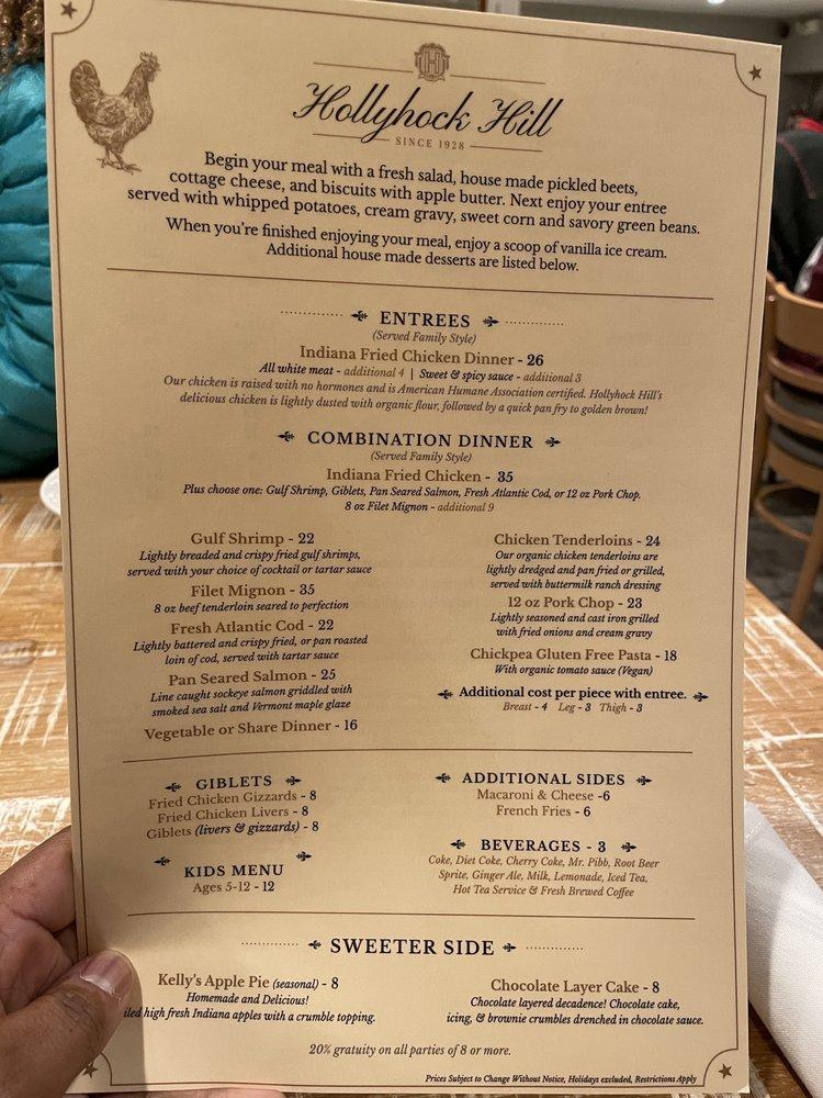 Menu at HollyHock Hill restaurant, Indianapolis