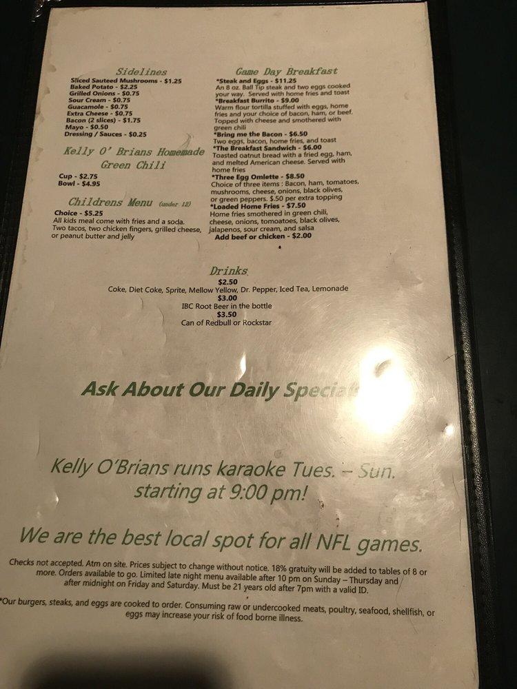Menu at Kelly O'Brians Sports Bar, Colorado Springs