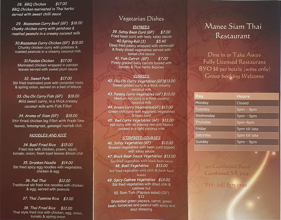 Menu at Manee Siam Thai Restaurant, Goodwood