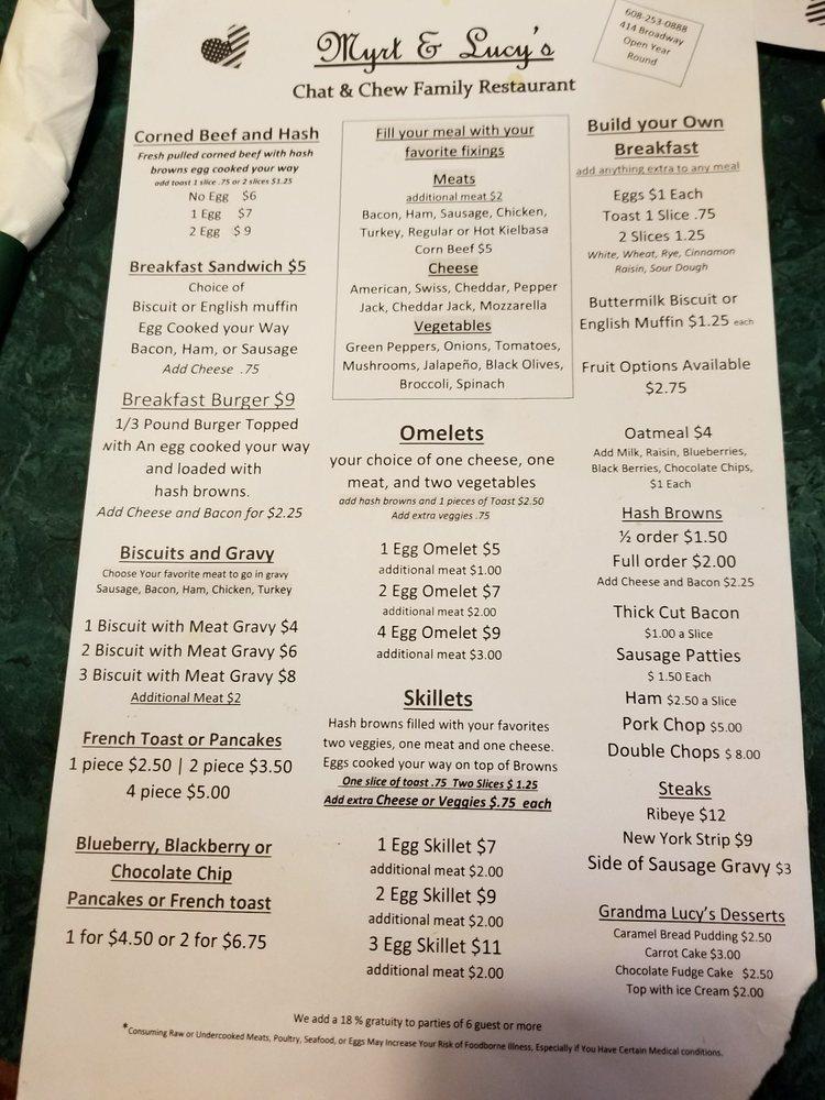 Menu at Myrt and Lucy's Chat & Chew Family Restaurant, Wisconsin Dells