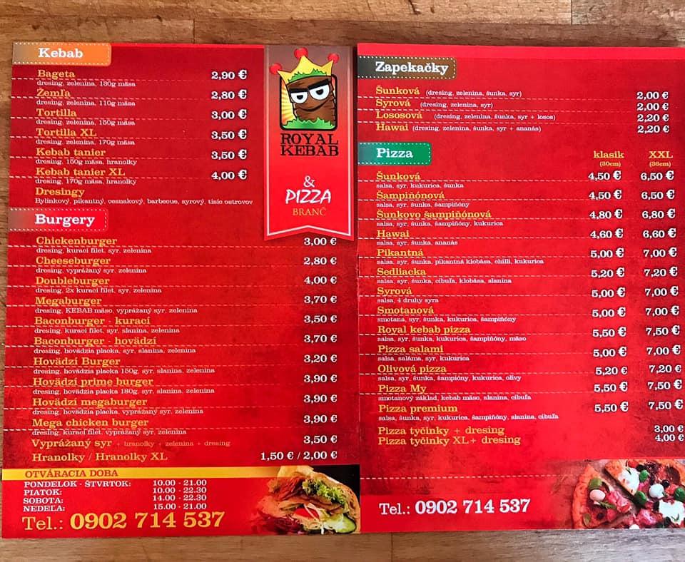 Menu at Royal Kebab restaurant, Branč