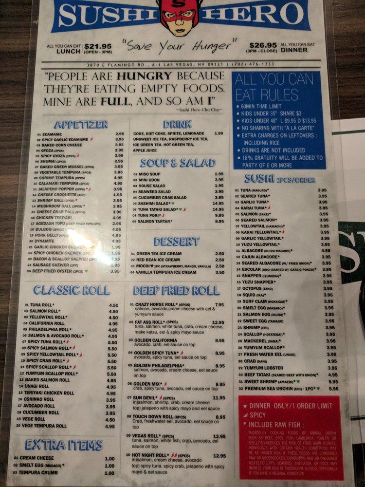 Menu at Sushi Hero restaurant, Las Vegas