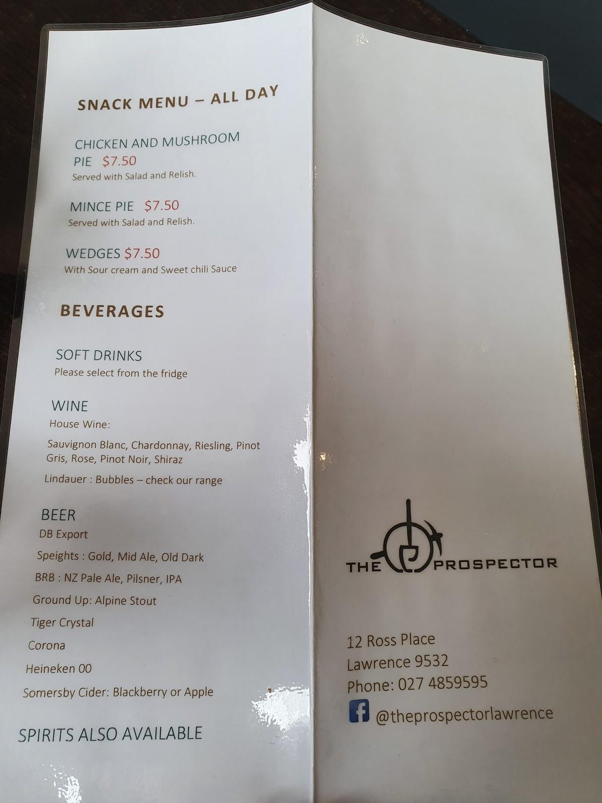 Menu at The Prospector cafe, Lawrence