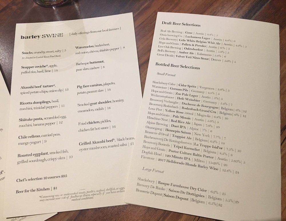 Menu at Barley Swine, Austin, Burnet Rd #400