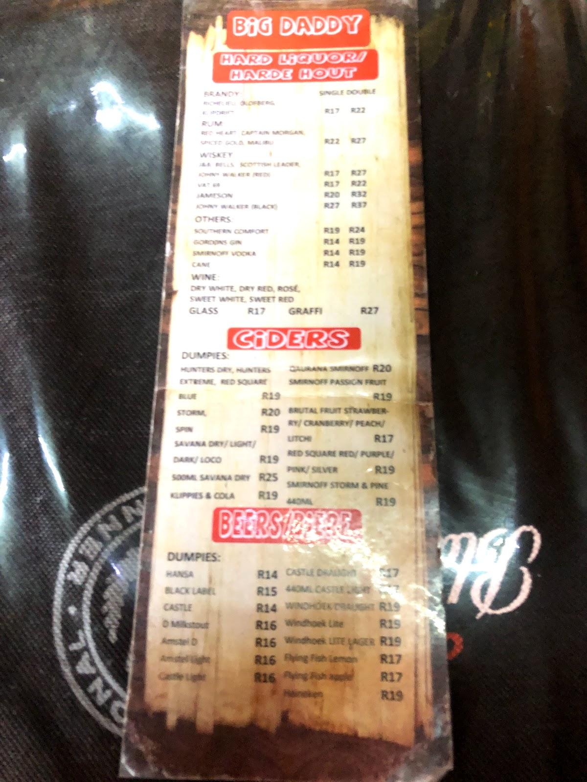 Menu at Big Daddy's restaurant mosselbay, Mossel Bay