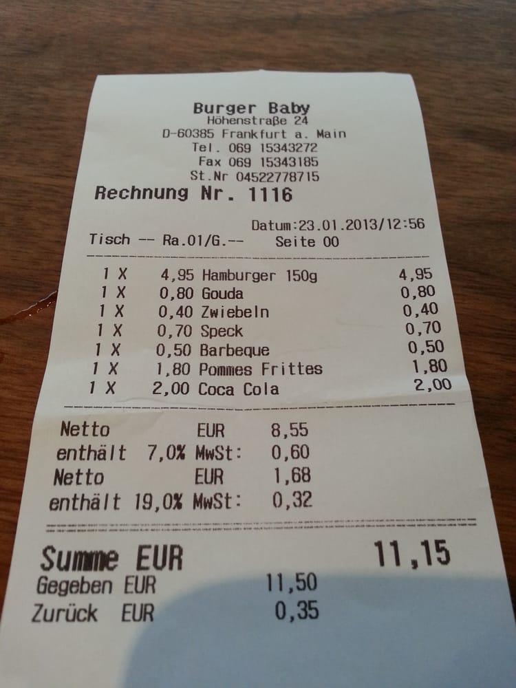 Speisekarte von Burger Baby restaurant, Frankfurt am Main, Höhenstr. 24
