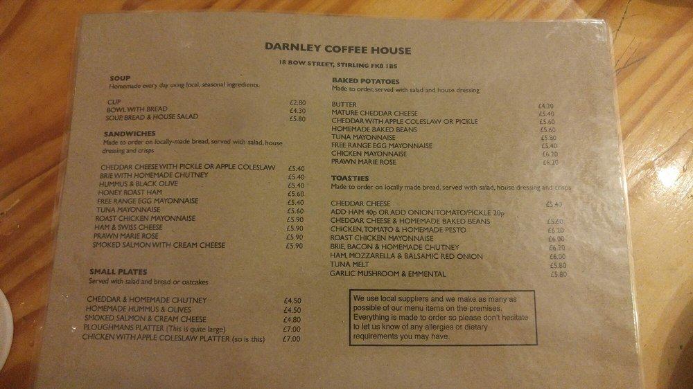 Menu at Darnley Coffee House, Stirling